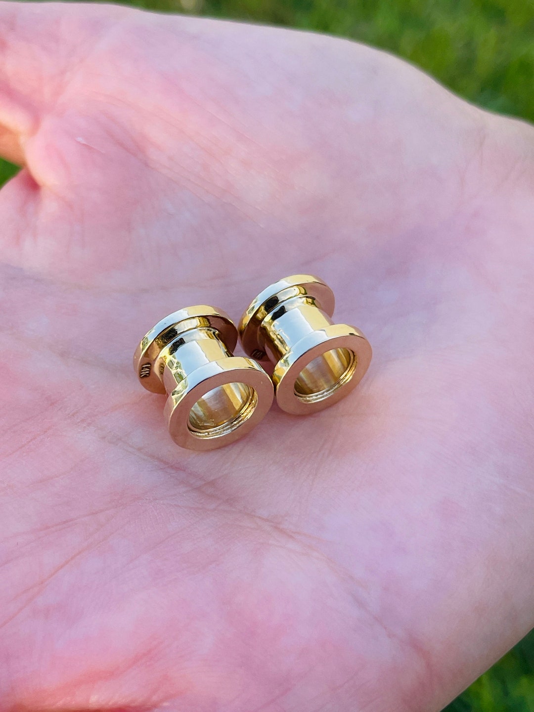 14k Solid Gold Gauges Ear Plugs Double Flared Screw Fit Flesh Tunnels ...