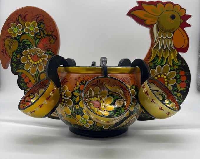Large Folk Art Lacquer Rooster Punch Bowl W/cups, Vintage Punch Bowl ...