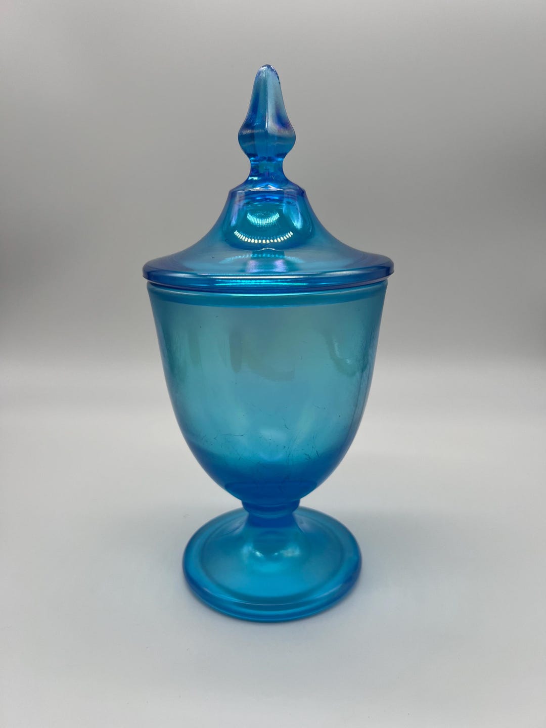 Fenton Blue Stretch Glass Covered Candy Dish, Blue Glass, Stretch Glass ...