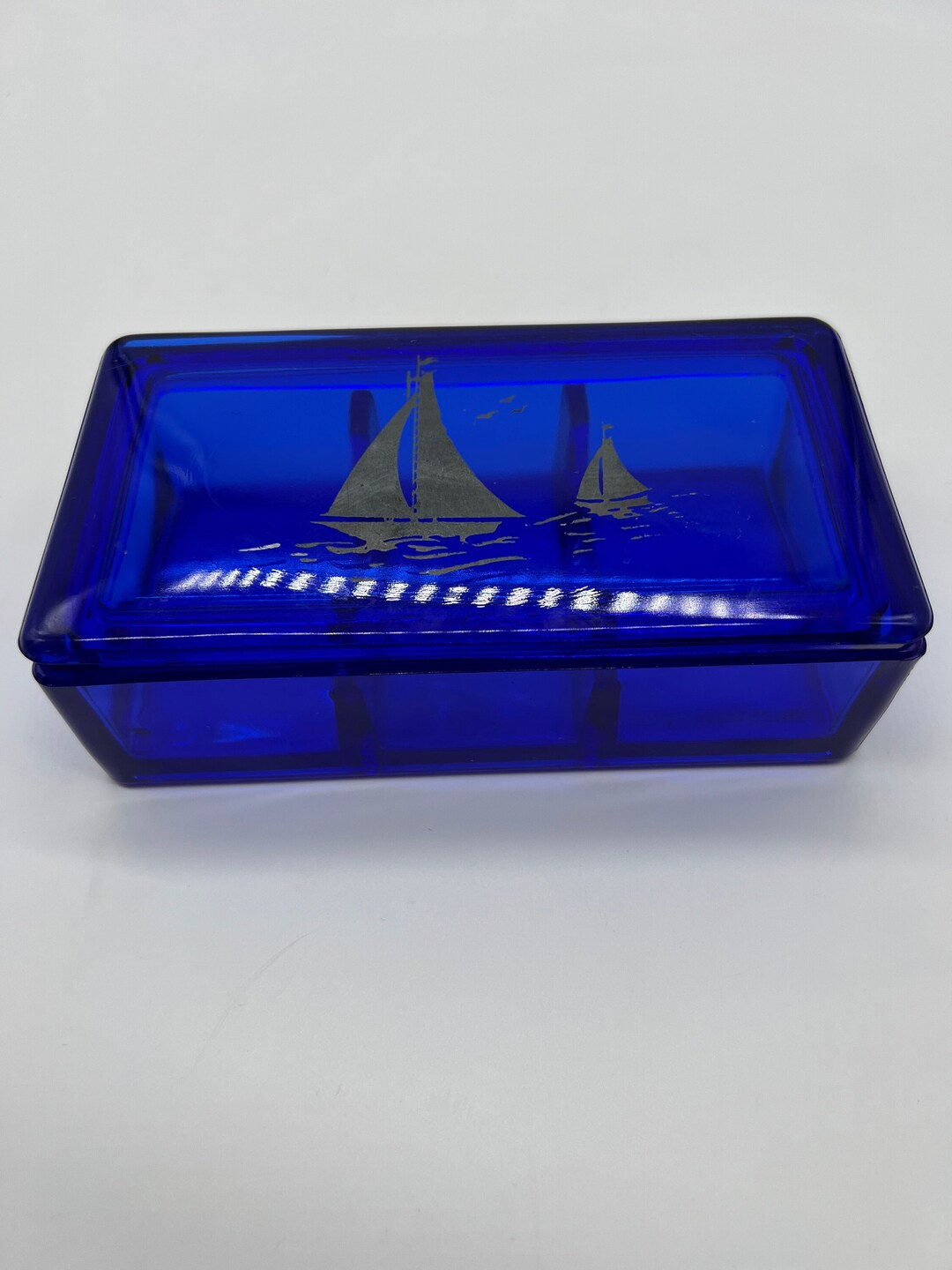 Vintage Hazel Atlas Cobalt Blue Glass Trinket Box: White Ship Design - Etsy