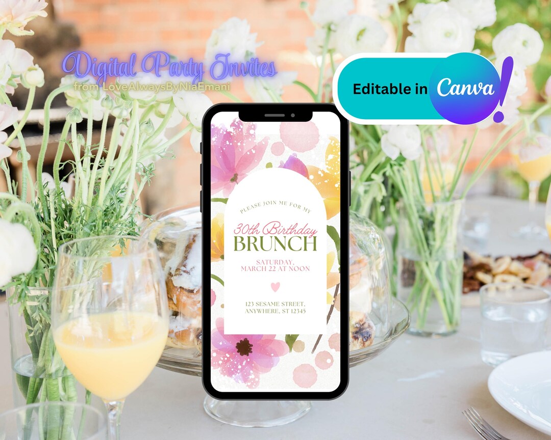 Animated Floral Birthday Brunch Invitation: Watercolor Canva Template ...