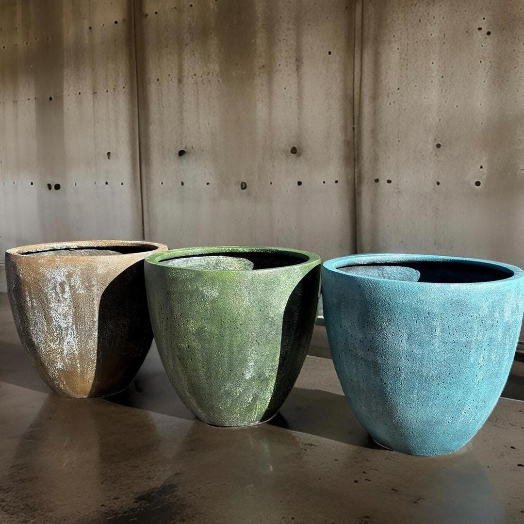 15" Round Fiberglass Planter: Modern Stone Finish, Indoor/outdoor - Etsy