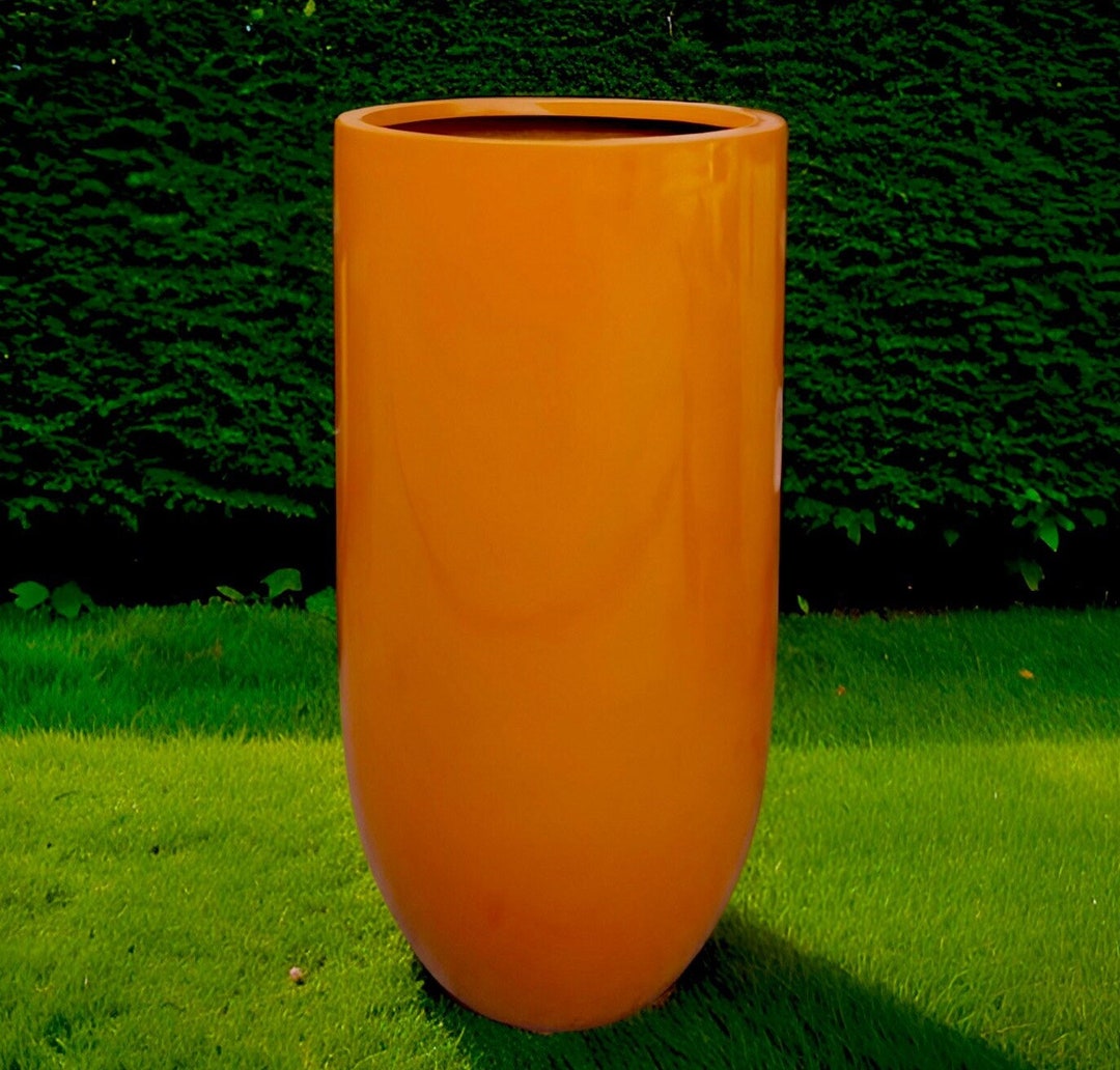Gloss Orange Fiberglass Planter: Round Tall Contemporary Garden Pot - Etsy