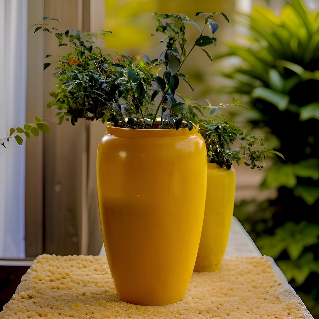 Glossy Yellow Fiberglass Garden Planter: Handmade Home Decor (20-27 ...
