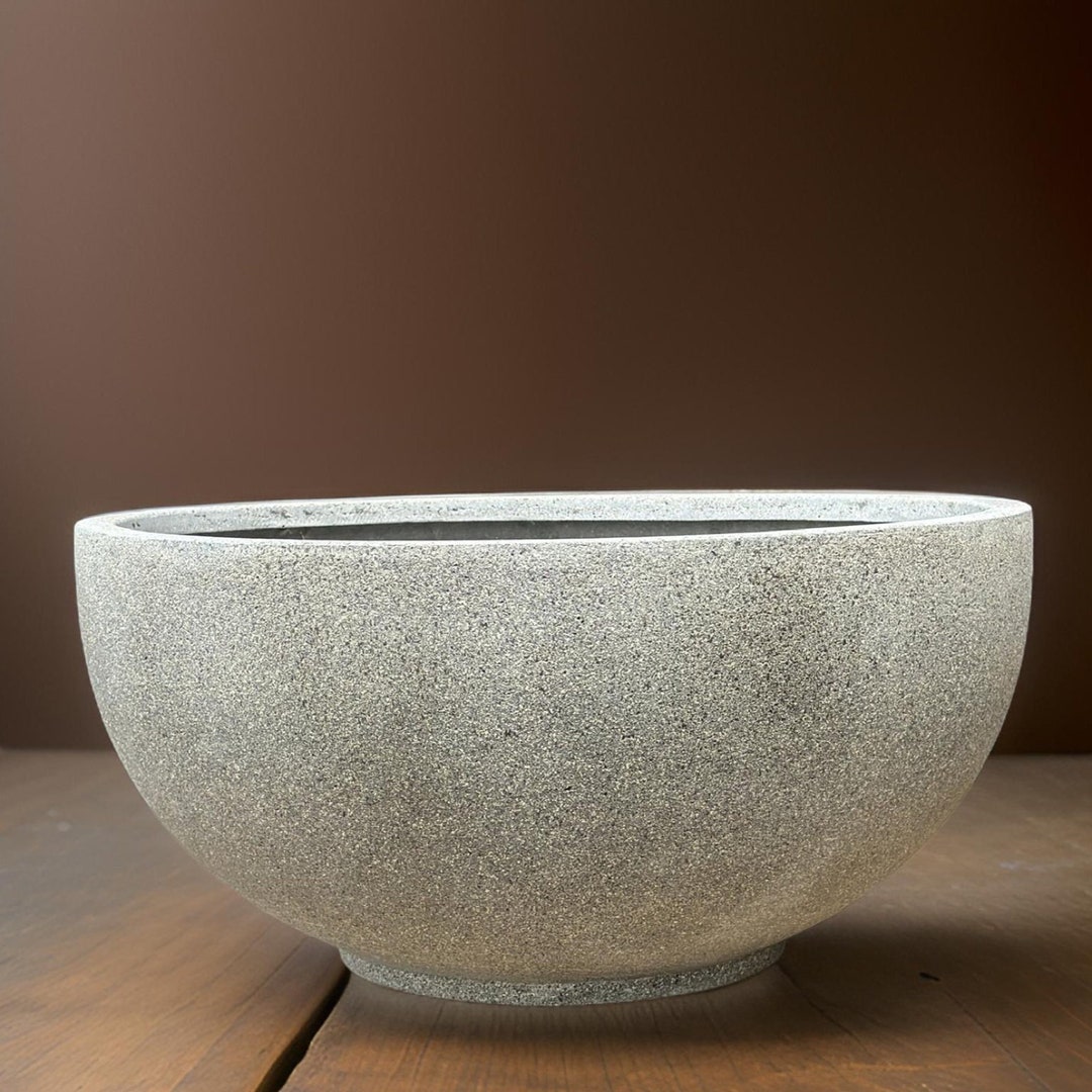 Gray Stone Fiberglass Planter, Modern Round Bowl, Garden Decor (25-28 ...