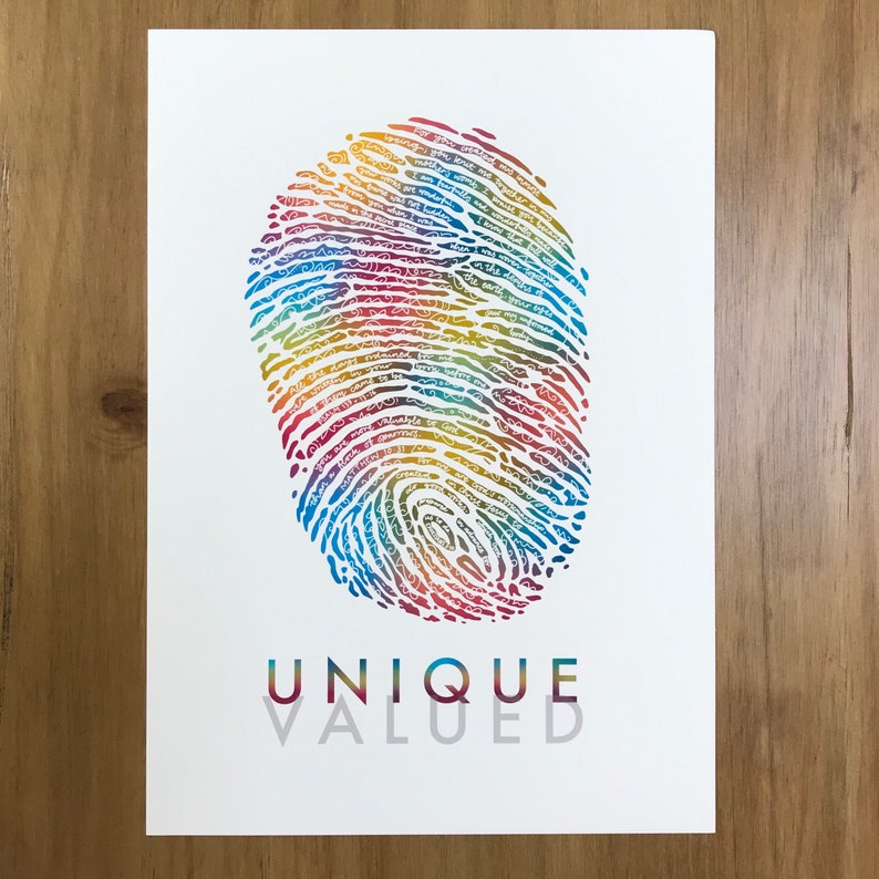 Rainbow Fingerprint Scripture Art Print - UNIQUE VALUED - Psalm 139 - Etsy