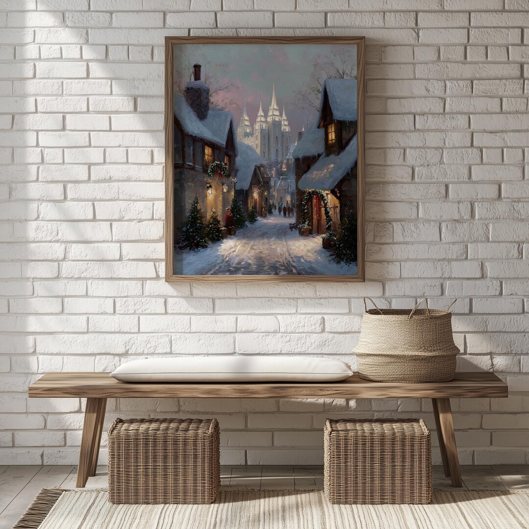 LDS Temple in Cozy Snow-covered Village - Winter Scene, Festive Cottage ...