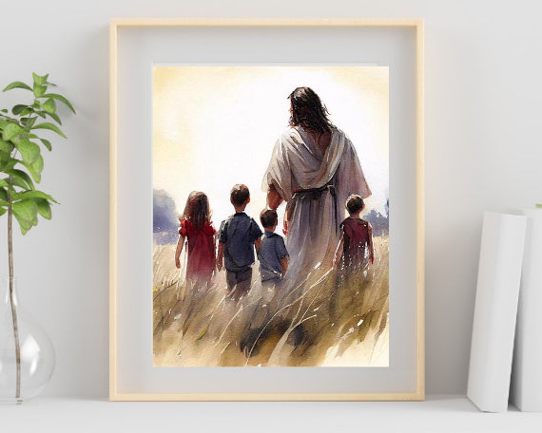 Christ Walking With Children Peaceful and Inspiring Watercolor - Etsy