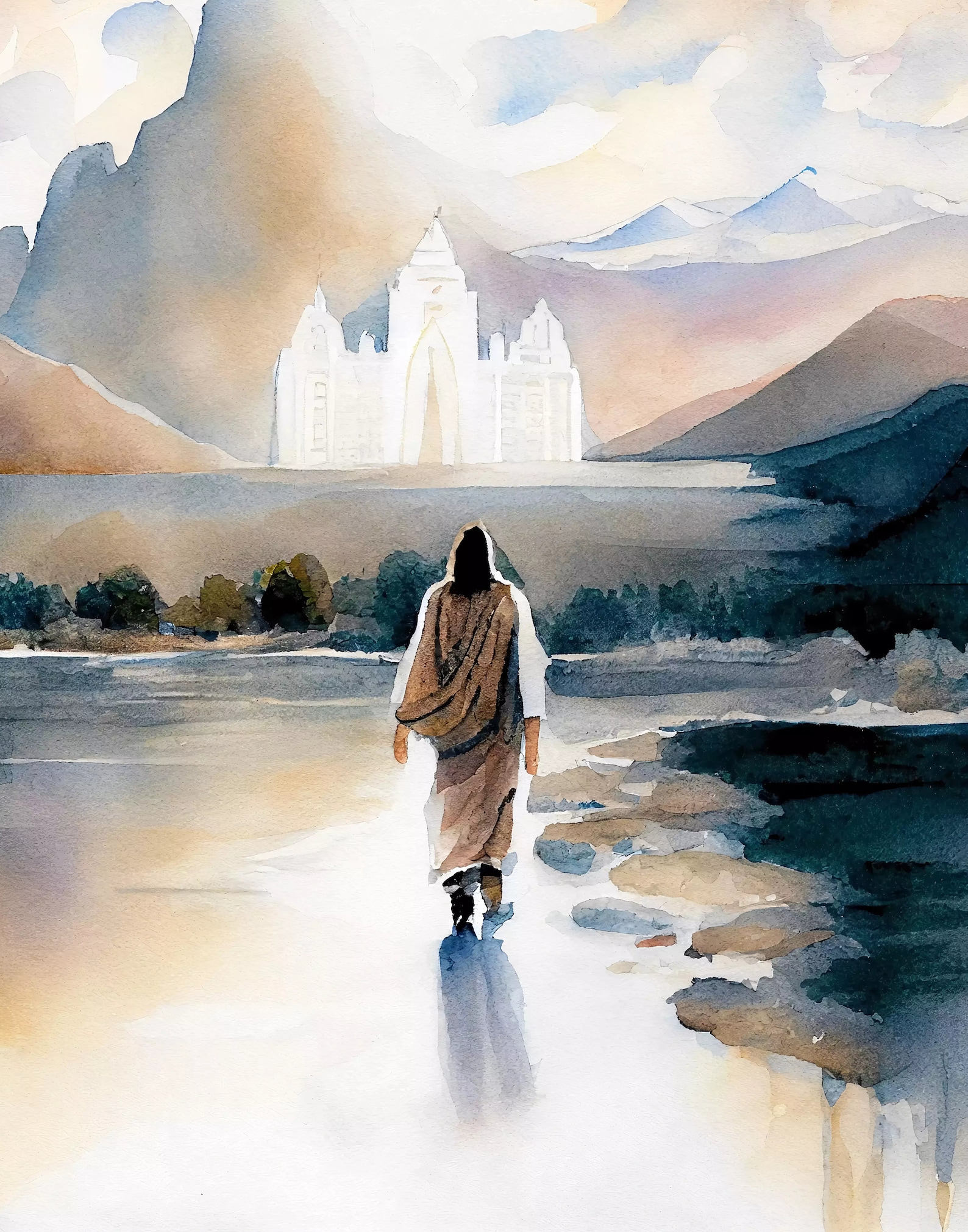Christ Walking Towards the Temple Peaceful and Inspiring Watercolor ...