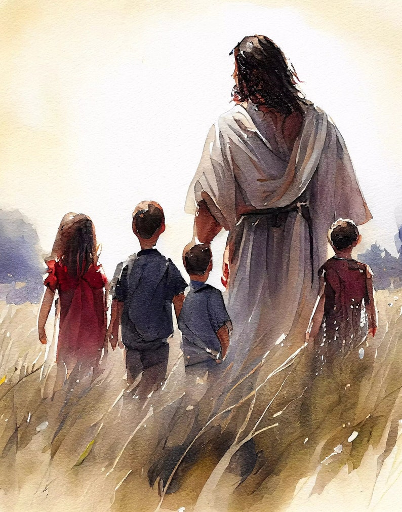 Christ Walking With Children Peaceful and Inspiring Watercolor Painting ...