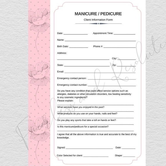 Manicure/Pedicure Client Information Form | Etsy