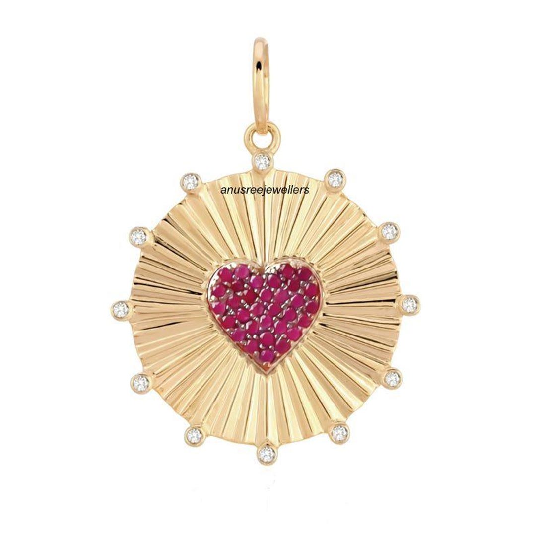14K Solid Gold Ruby Heart Sunburst Pendant Handmade Pave Diamond Charm ...