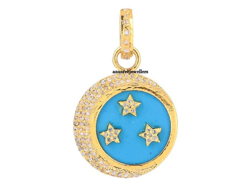 14k Solid Gold Celestial Star Moon Diamond Charm Blue Enamel Gold ...