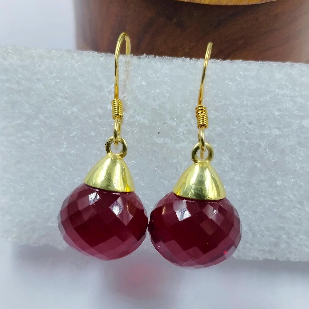 14K Yellow Gold, Red Ruby Ear Wire Earrings, Ball Shaped Ruby Gemstone ...