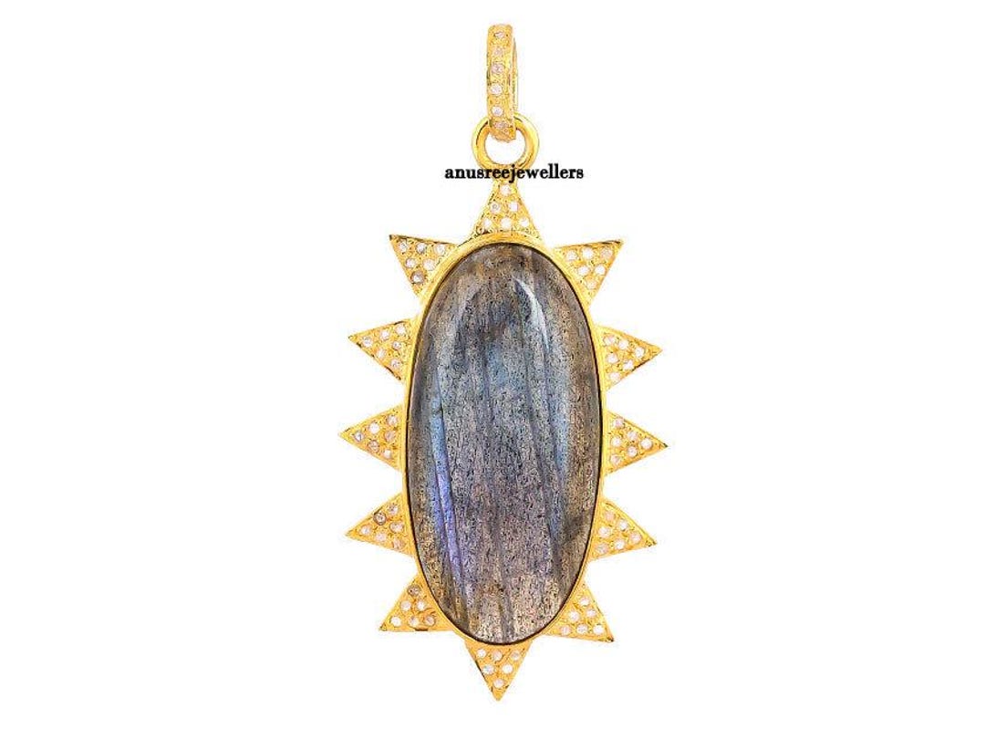 14k Solid Gold Pendant Beautiful Labradorite Large Sun Pendant Diamond ...