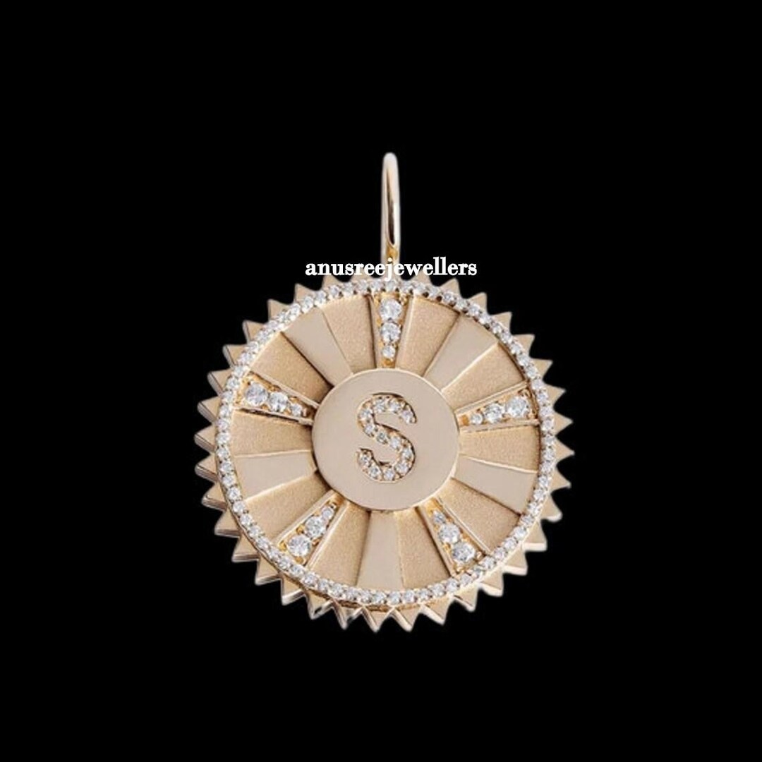 14k Solid Gold Diamond Initial S Letter Disc Pendant Jewelry Alphabet ...