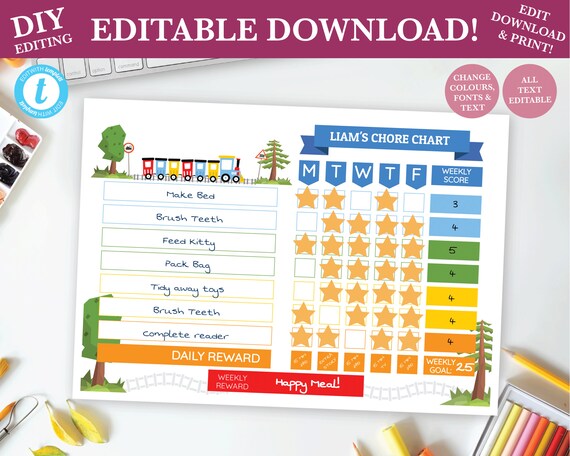 Editable Train Reward Chart Transportation Chore Chart for | Etsy