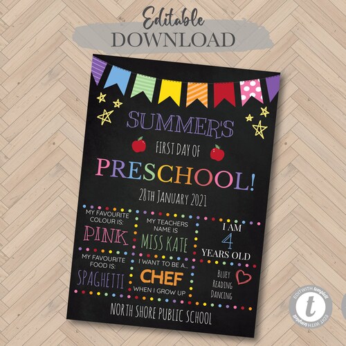 Editable Pink First Day of School Chalkboard Sign Reusable - Etsy