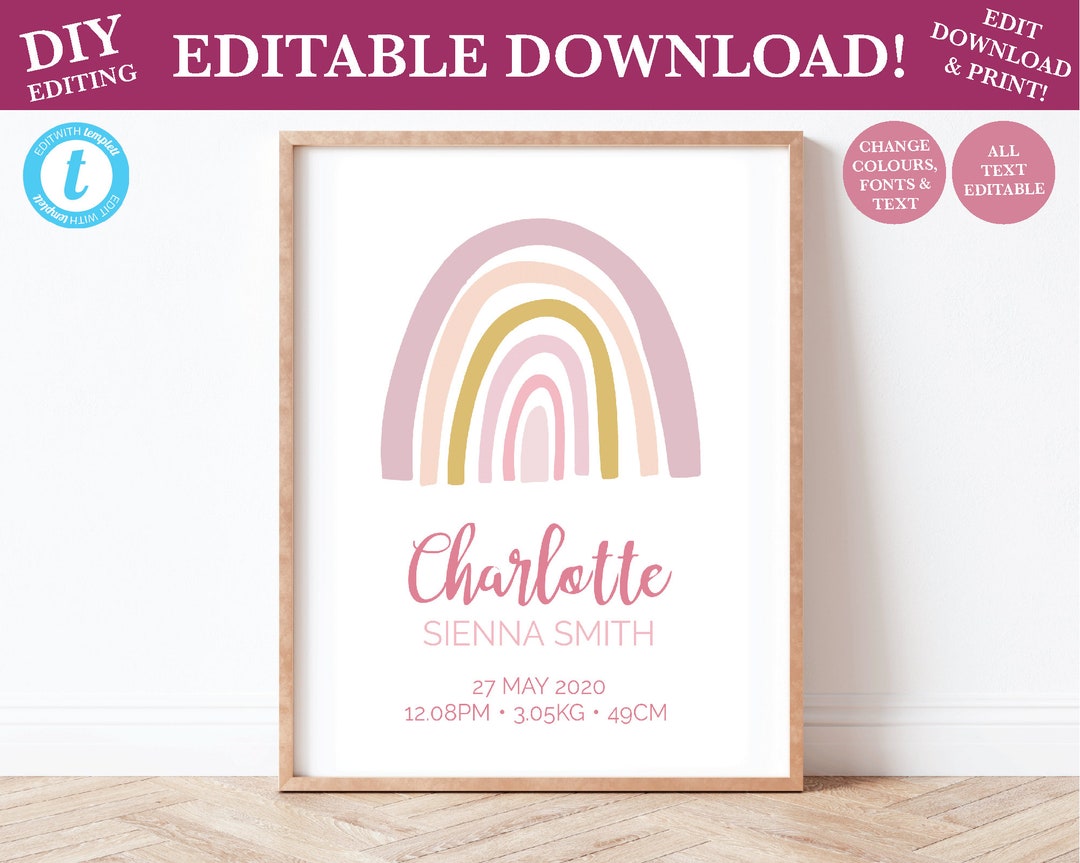 EDITABLE Birth Announcement Poster, Birth Stats Wall Art, Girls Print ...