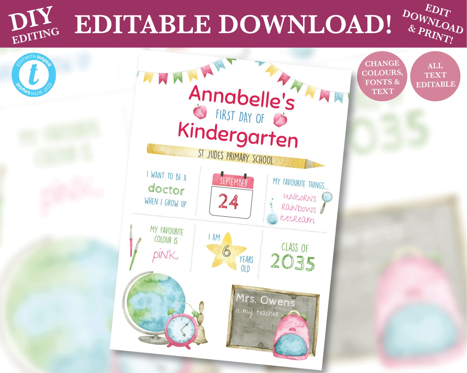 First Day of School Printable Kindergarten Sign Kindy | Etsy