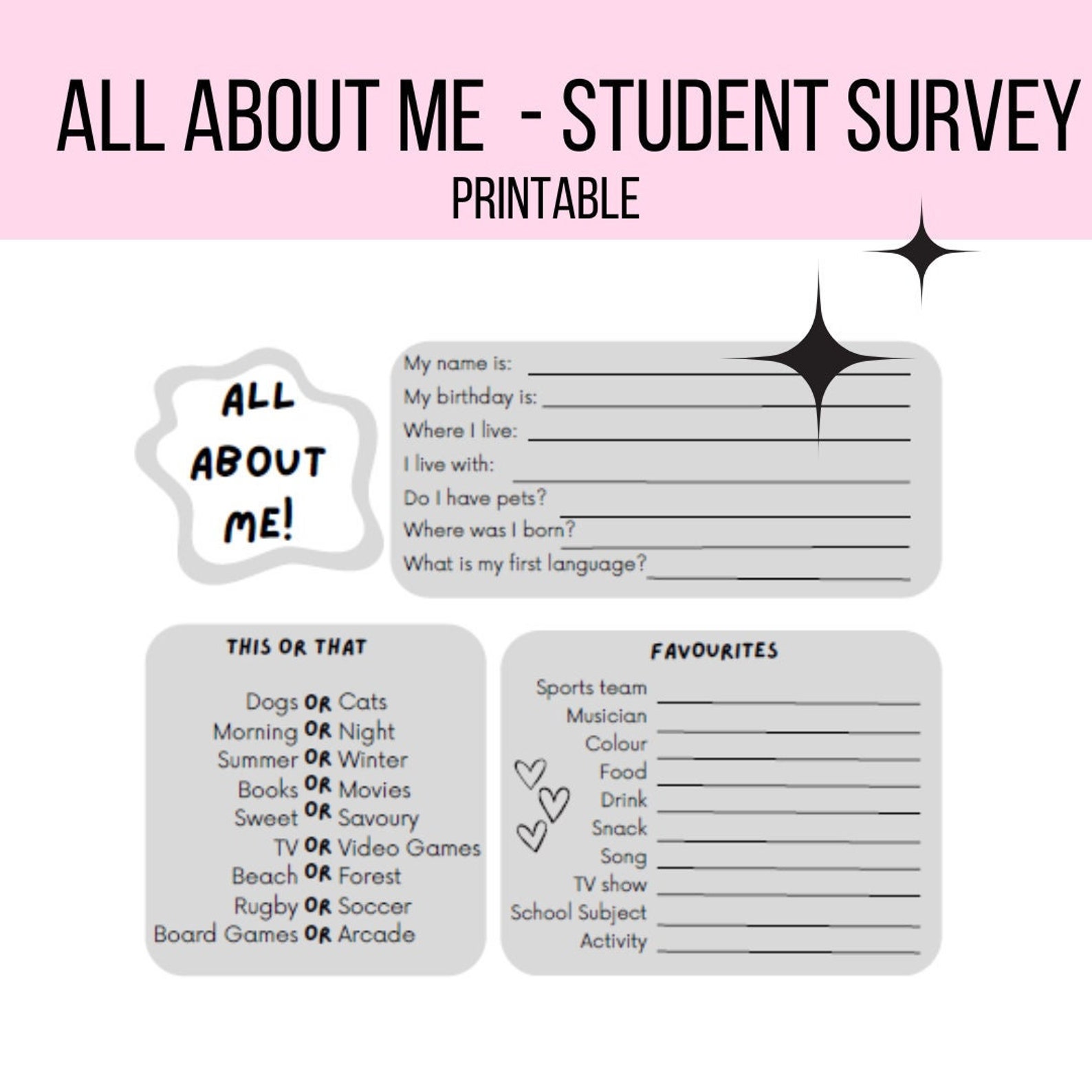 ALL ABOUT ME - Printable Student Survey - Fill in the Blanks Activity ...