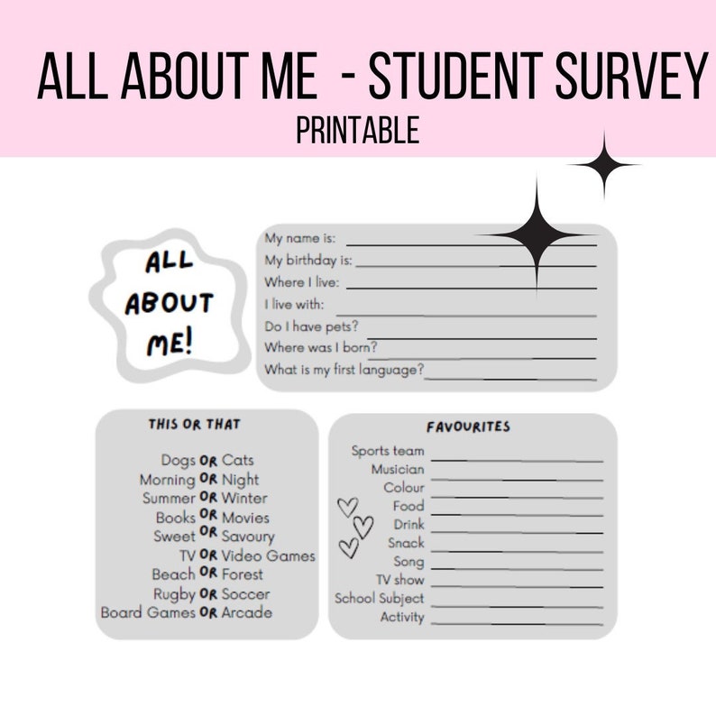 ALL ABOUT ME - Printable Student Survey - Fill in the Blanks Activity ...