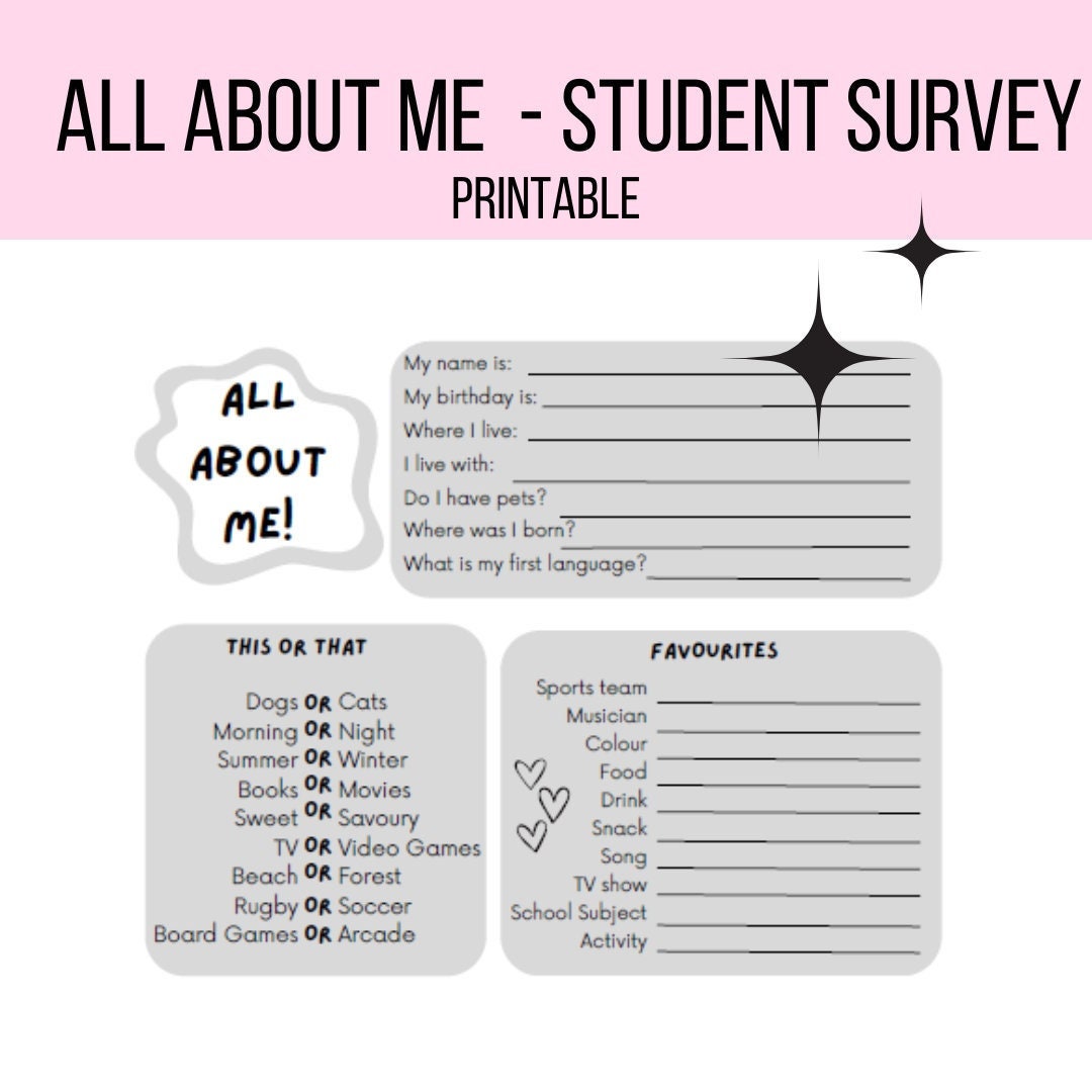 ALL ABOUT ME - Printable Student Survey - Fill in the Blanks Activity ...