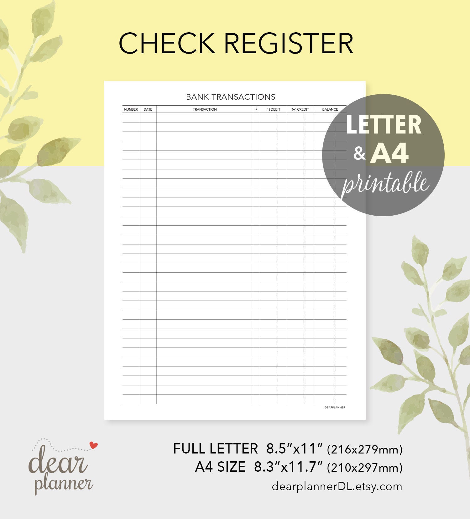 Printable Check Register Insert Checkbook Tracker Bank - Etsy