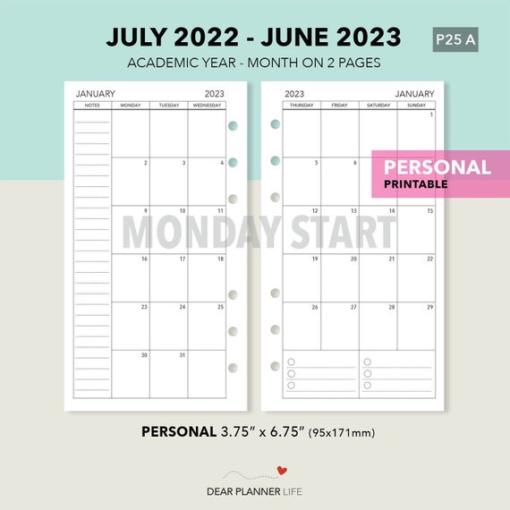 Academic Year July 2022 June 2023 Month on 2 Page MONDAY - Etsy
