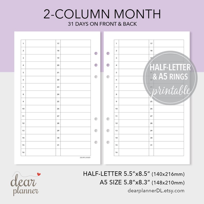 Printable Monthly List 2 Columns 31 Days List Month on 1 | Etsy