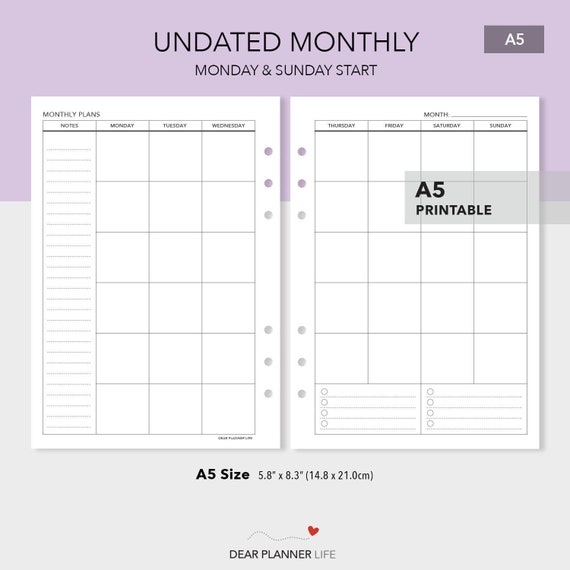 Printable Undated Monthly Template Undated Month on 2 Page - Etsy