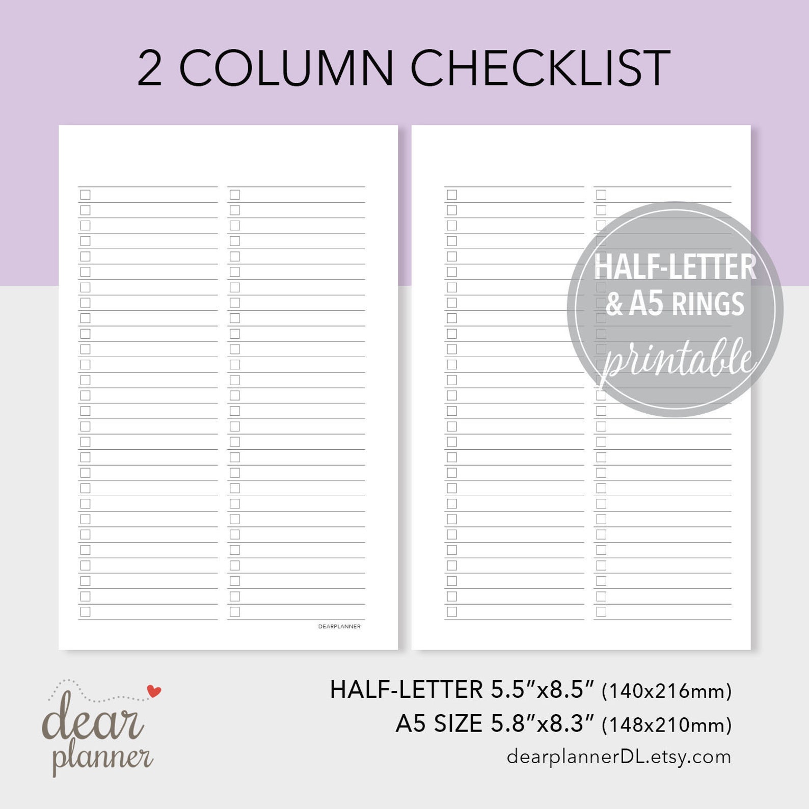Printable 2 Column Checklist Note List Insert Lined | Etsy