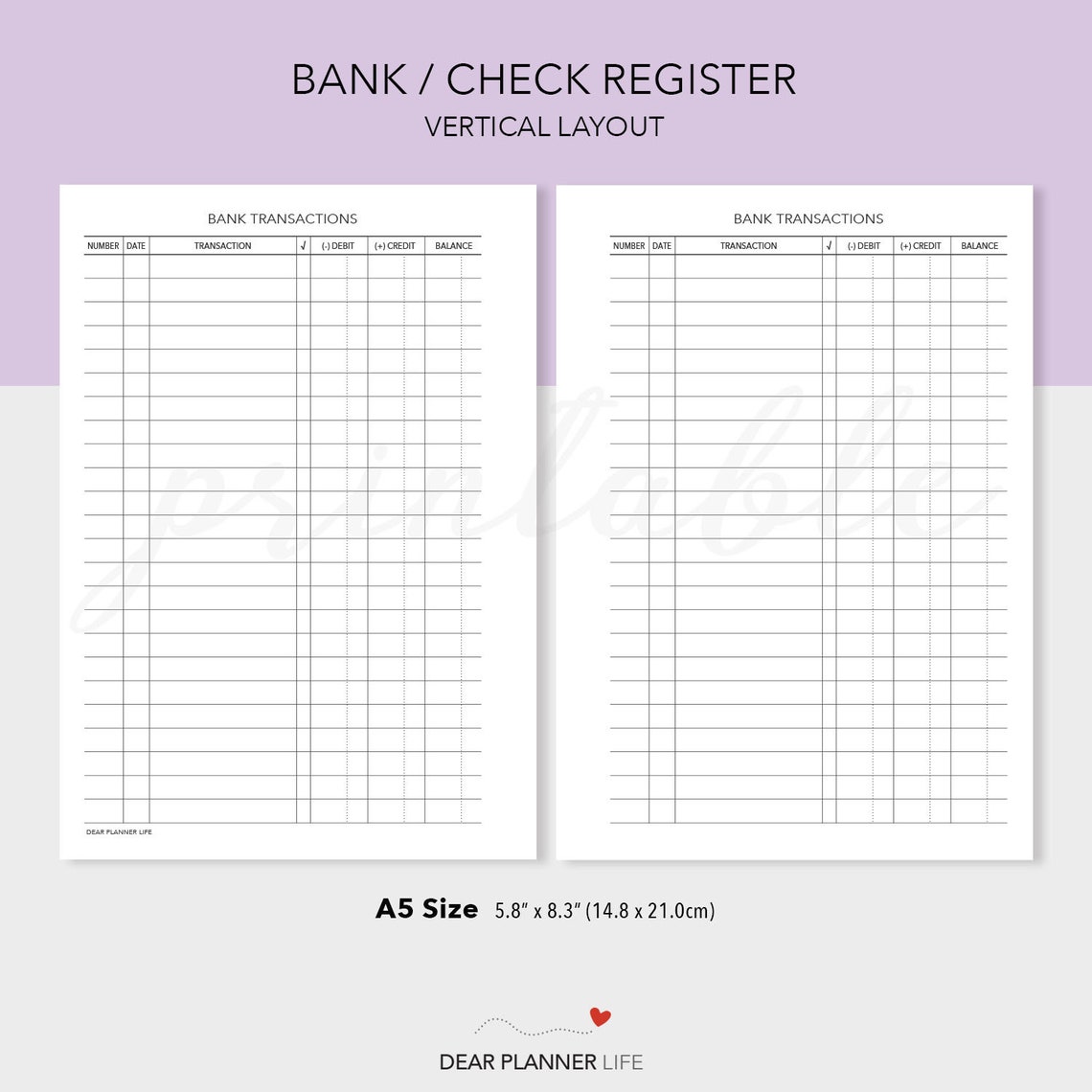Printable Checkbook Register Bank Transaction Tracker - Etsy
