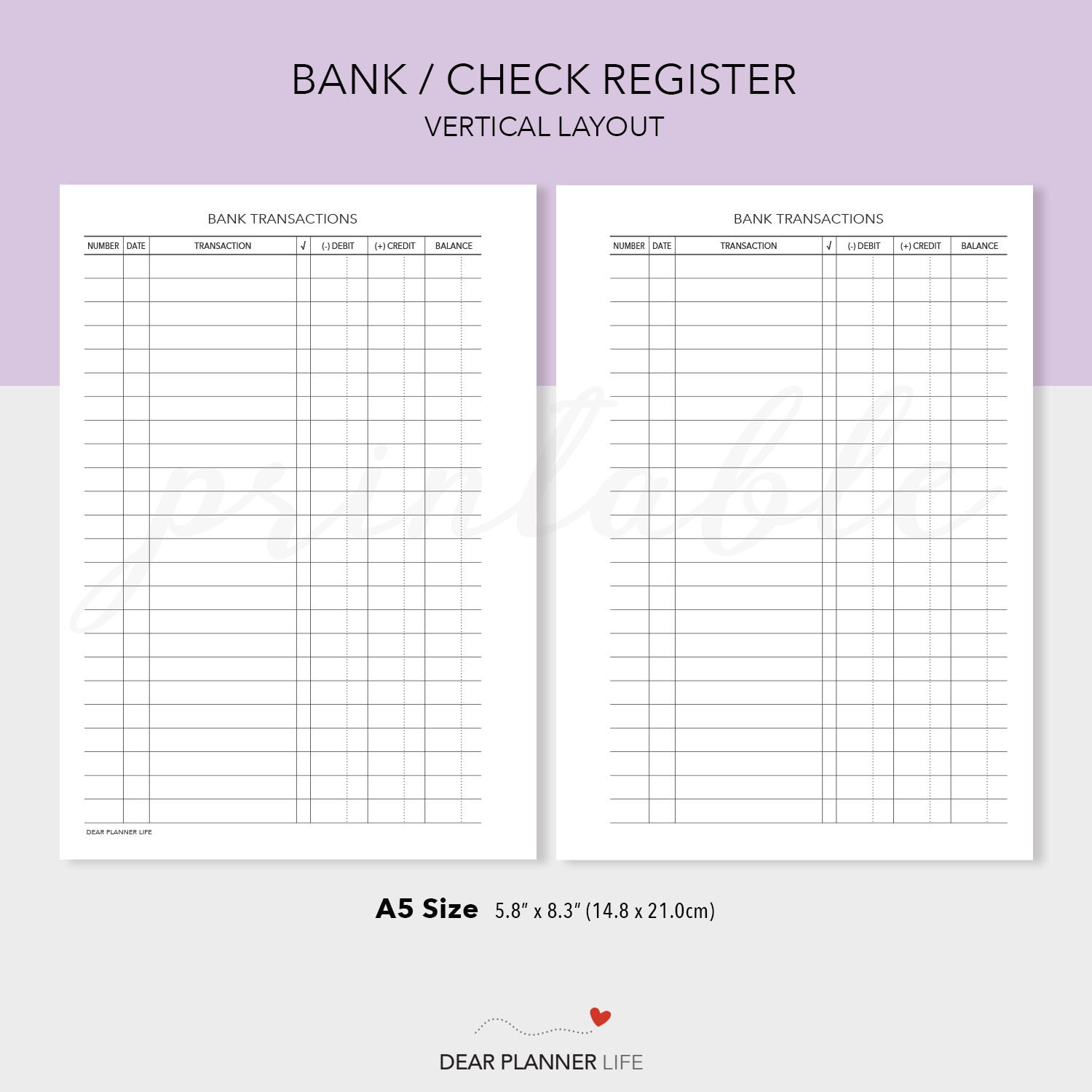 Printable Checkbook Register Bank Transaction Tracker - Etsy