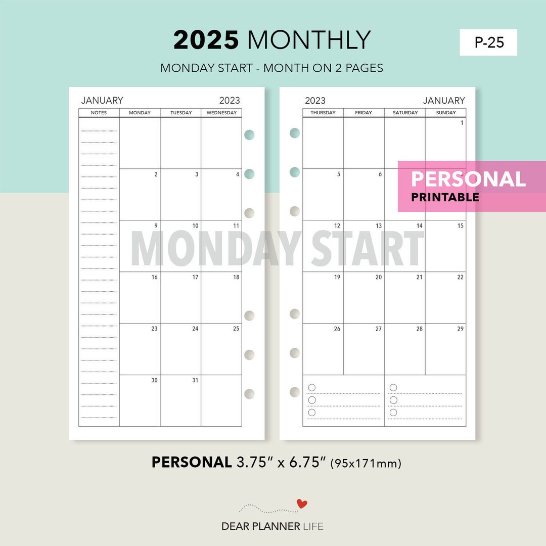 Printable 2025 Month on 2 Page MONDAY Start Dated Monthly Calendar Mo2p ...