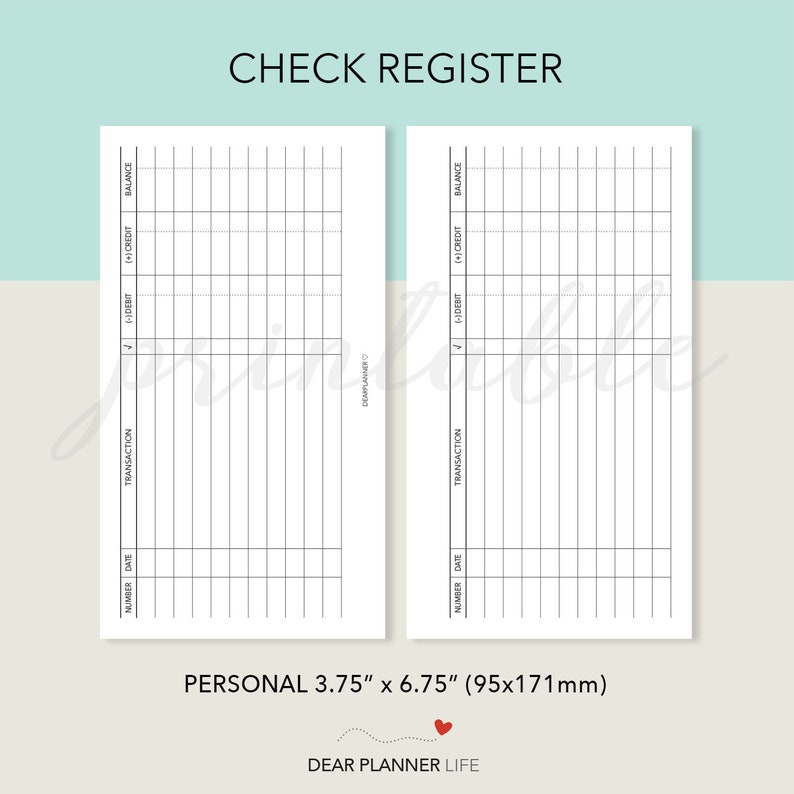 Printable Check Register Checkbook Transaction Insert - Etsy