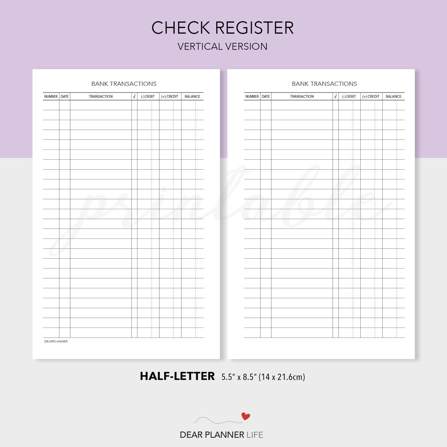 Printable Checkbook Register Horizontal & Vertical Bank - Etsy