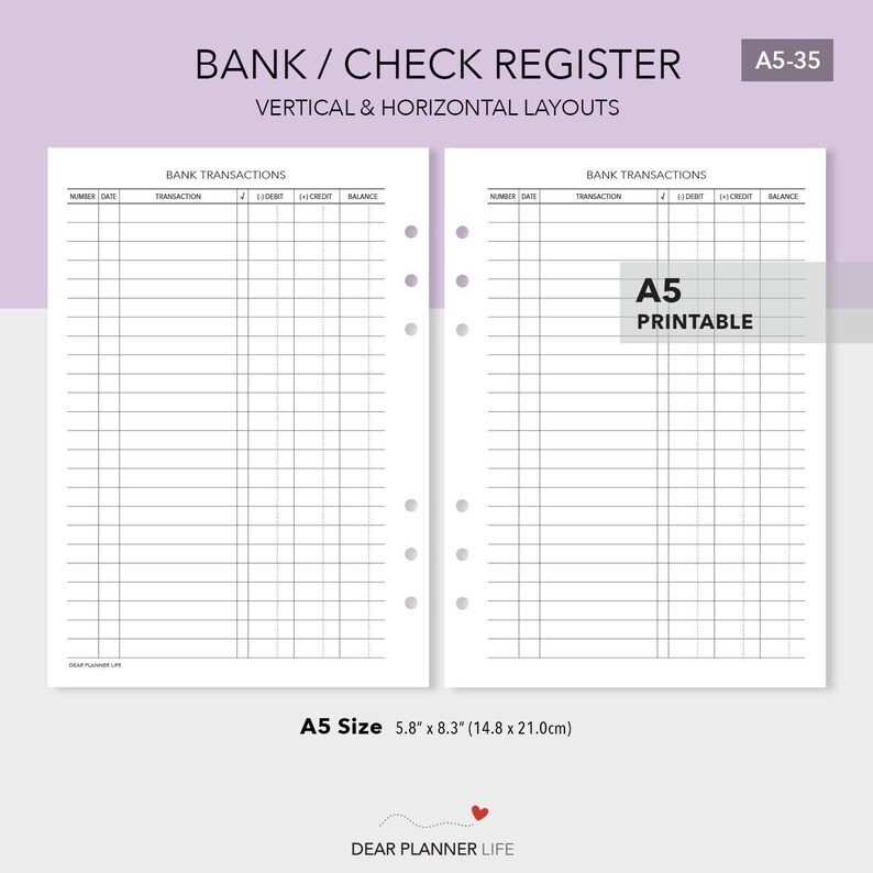Printable Checkbook Register Bank Transaction Tracker - Etsy