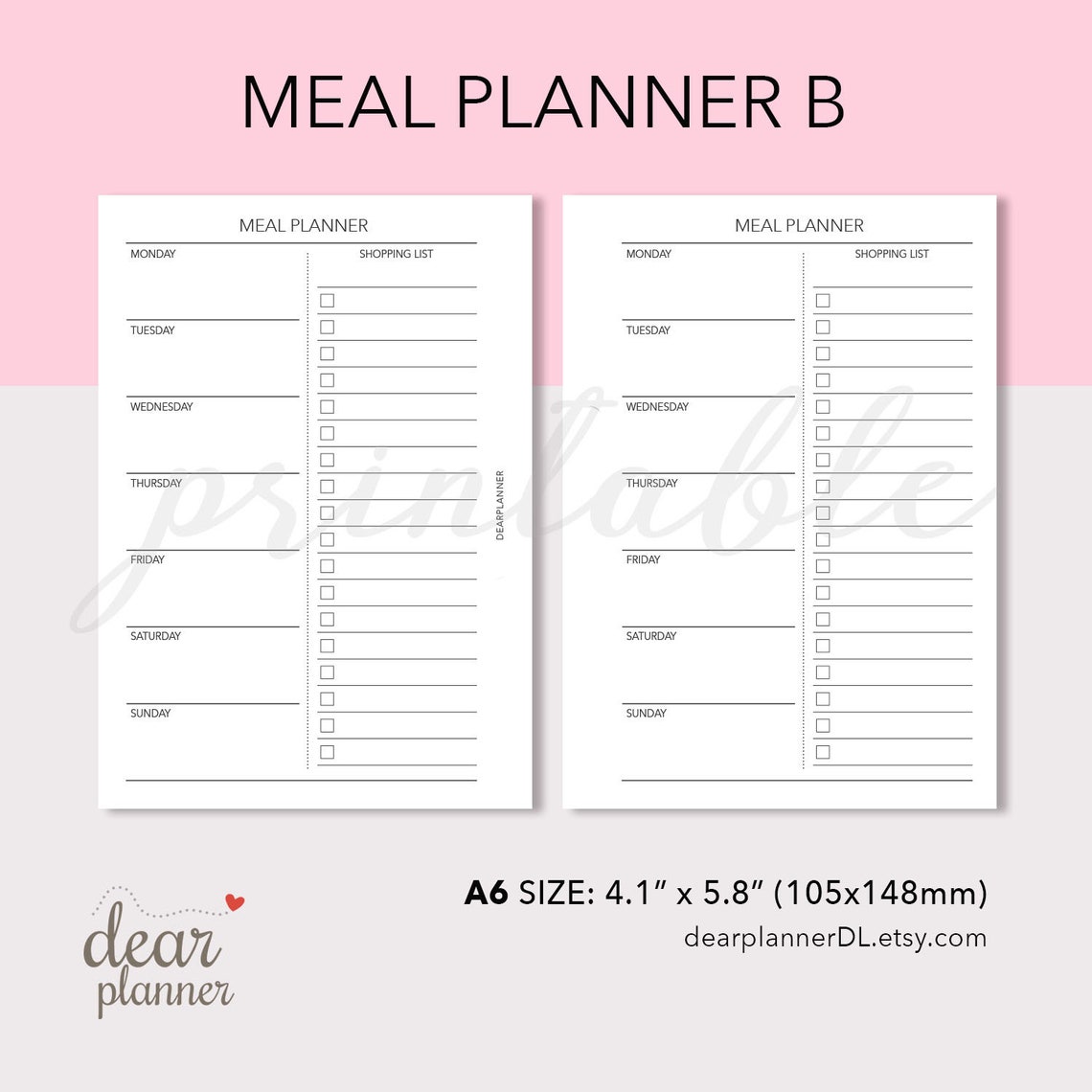 Printable Meal Planner Insert Weekly Menu Planning | Etsy
