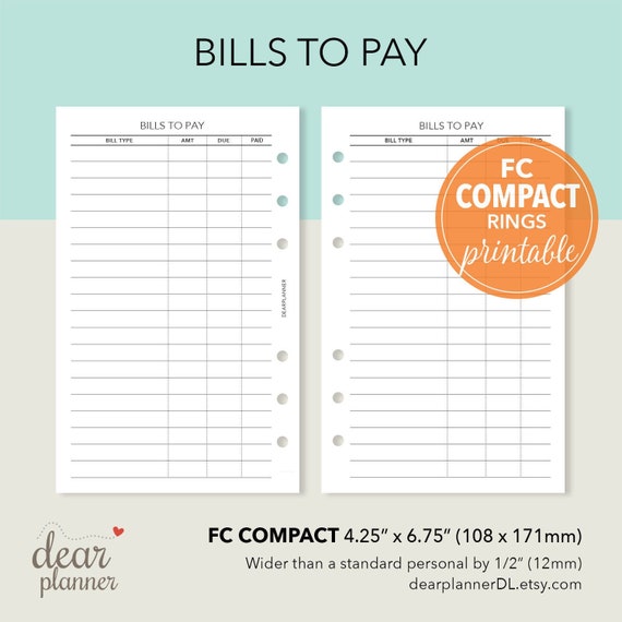 FC Compact Printable Bills to Pay Insert Bill Tracker | Etsy