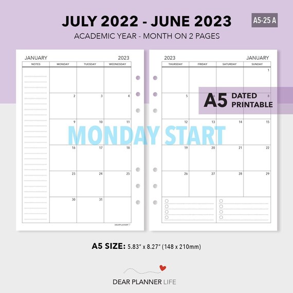 July 2022 June 2023 Printable Monthly Monday Start Month - Etsy