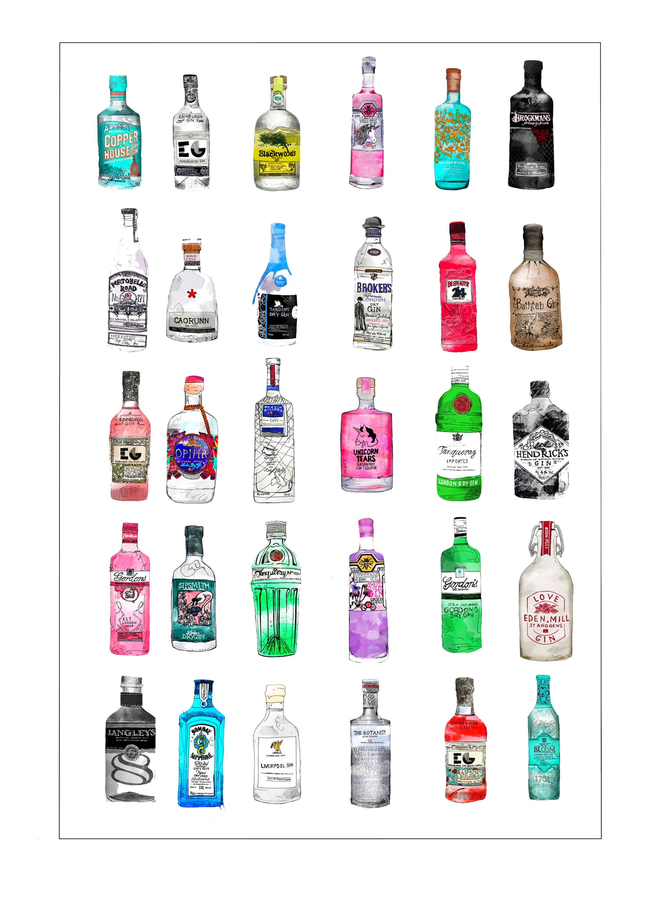 30 Colourful Watercolour Gin Bottle Drawings Digital Print - Etsy UK