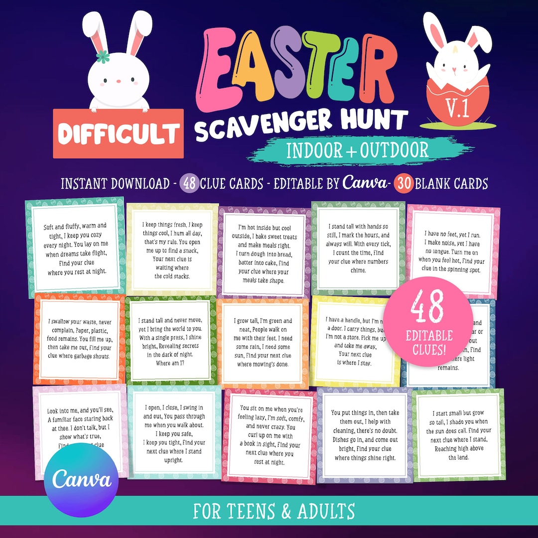 Difficult Easter Treasure Hunt Clues, Challenging Easter Scavenger Hunt ...
