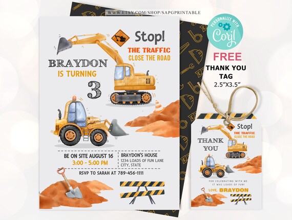 Construction Birthday Party Invitation Template Backhoe - Etsy