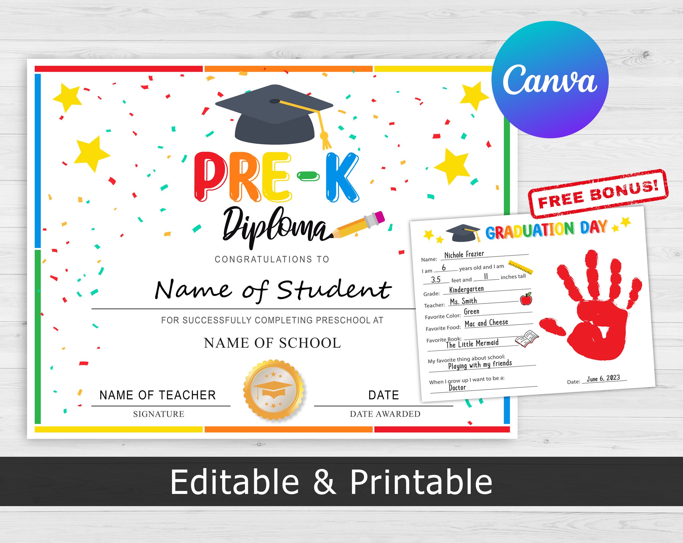 Pre-k Graduation Certificate, Prek Diploma, Pre-k Certificate, Teacher ...