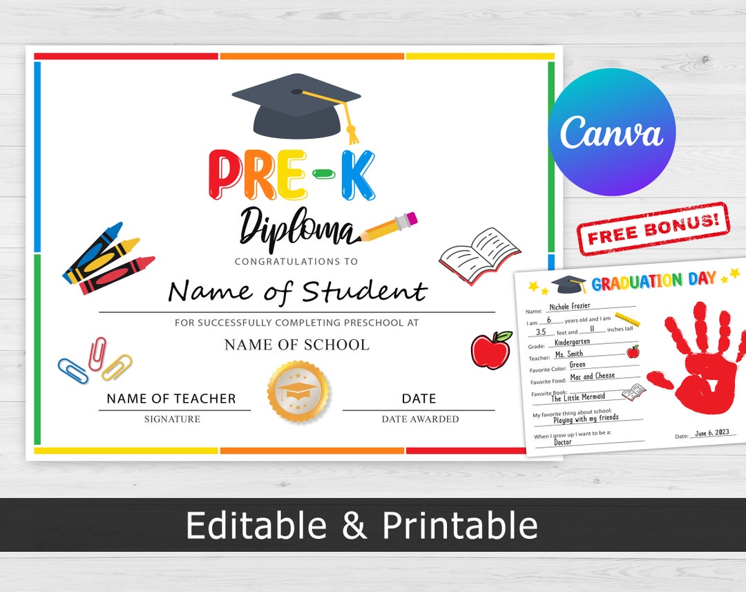 Pre-k Graduation Certificate, Prek Diploma, Pre-k Certificate, Teacher ...