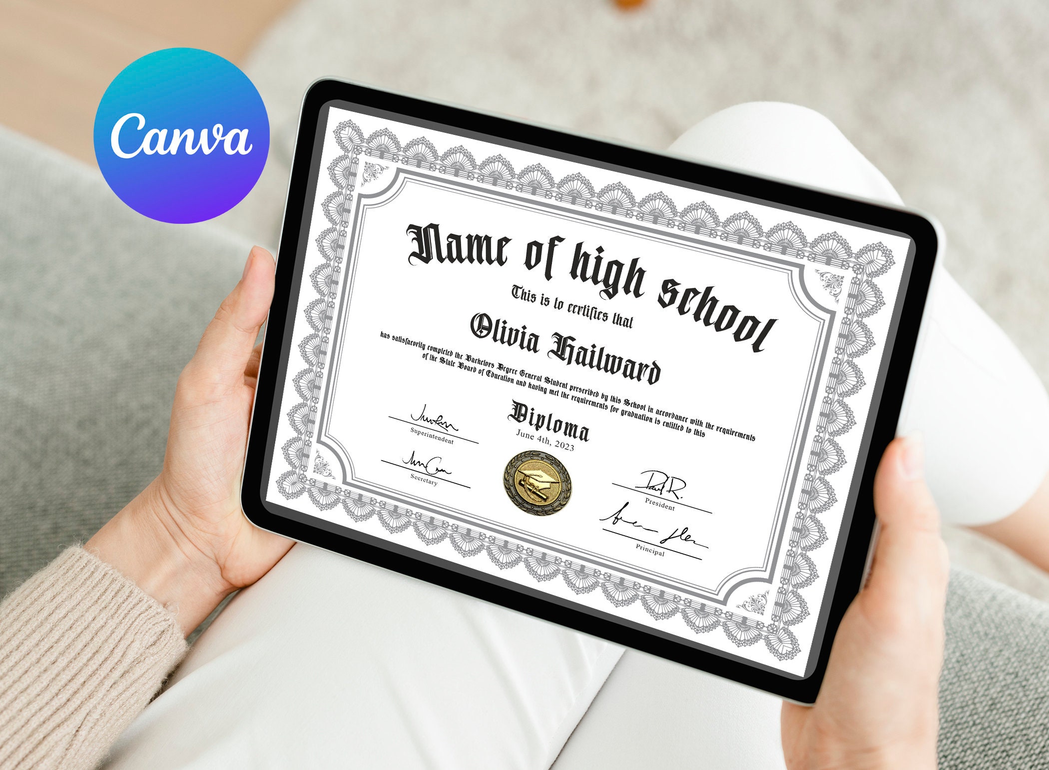 Editable Template on Canva, Printable Certificate With Gold Seal, High ...