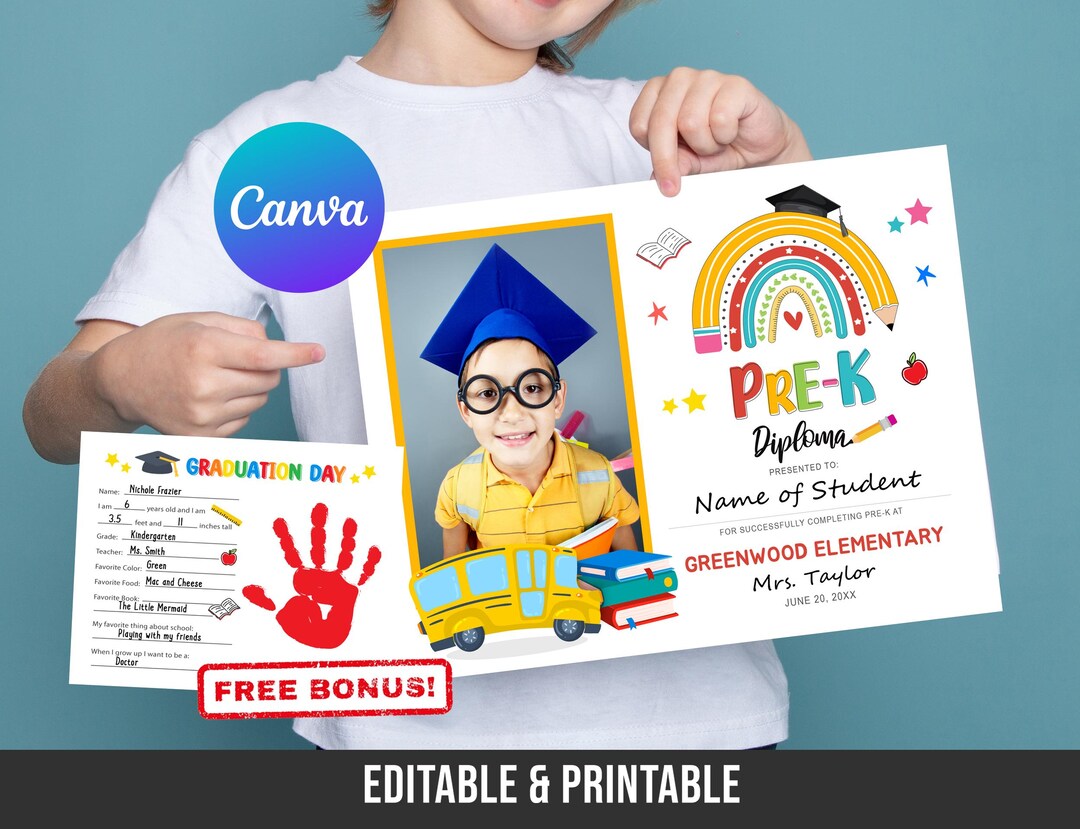 Editable Pre-k Diploma Chalkboard With Photo, Pre-k Certificate, Prek ...