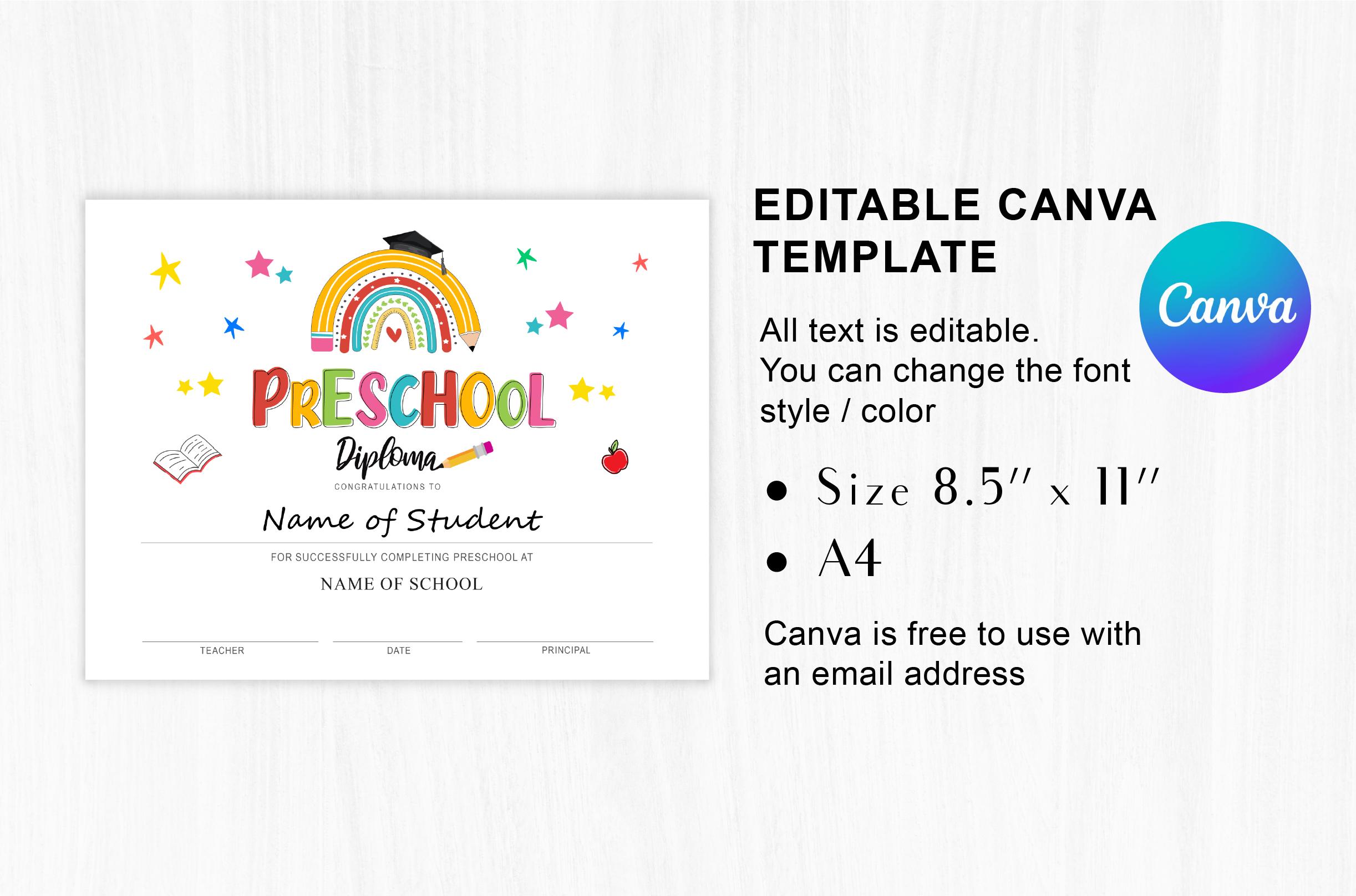 Editable Preschool Diploma With Photo, Preschool Certificate, Preschool ...