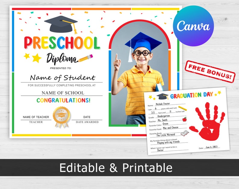 Editable Preschool Diploma With Photo, Preschool Diploma, Preschool ...